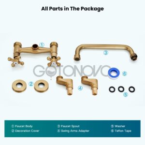 gotonovo Wall Mount Faucet 6 Inch Center Antique Brass Kitchen Sink Taps 2 Cross Knobs Handle Victorian Commercial with 9inch spout