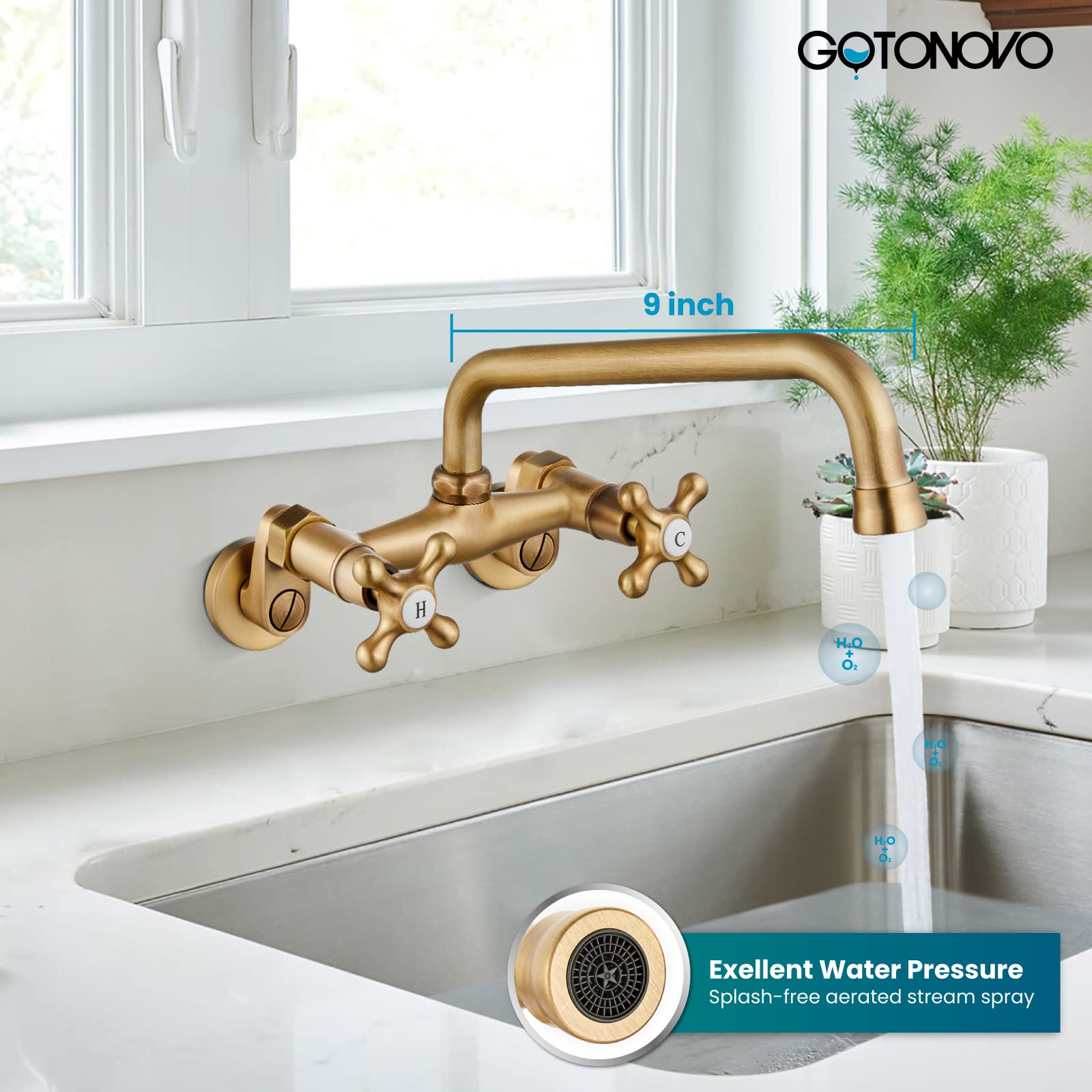 gotonovo Wall Mount Faucet 6 Inch Center Antique Brass Kitchen Sink Taps 2 Cross Knobs Handle Victorian Commercial with 9inch spout