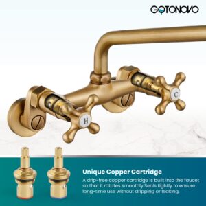 gotonovo Wall Mount Faucet 6 Inch Center Antique Brass Kitchen Sink Taps 2 Cross Knobs Handle Victorian Commercial with 9inch spout