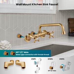 gotonovo Wall Mount Faucet 6 Inch Center Antique Brass Kitchen Sink Taps 2 Cross Knobs Handle Victorian Commercial with 9inch spout