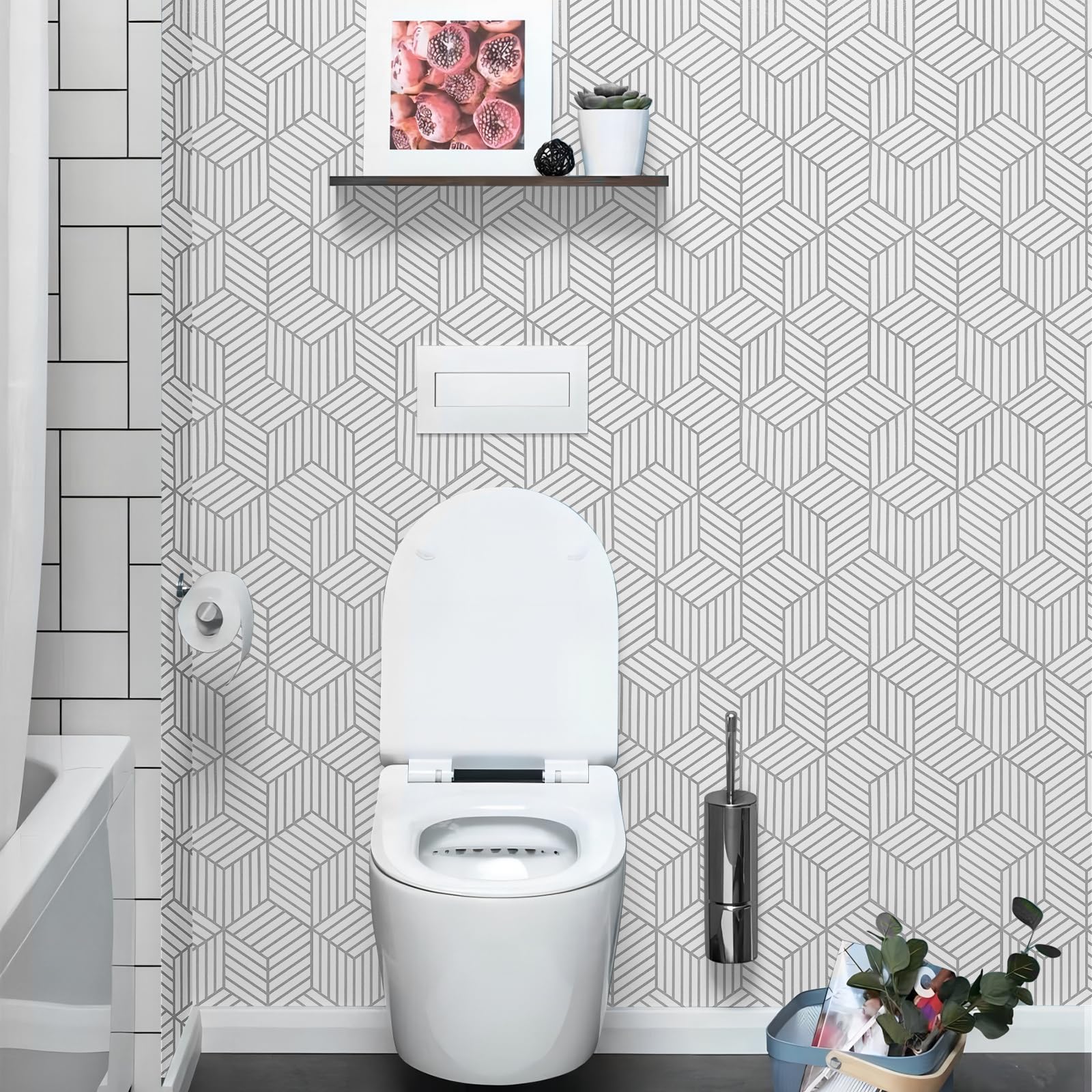 WENMER Geometric Hexagon Wallpaper Contact Paper 17.71 Inch x 118 Inch Geometric Hexagon Silver Peel and Stick Wallpaper Self Adhesive Wallpaper Vinyl Film Shelf Paper & Drawer Liner Roll for Home Use