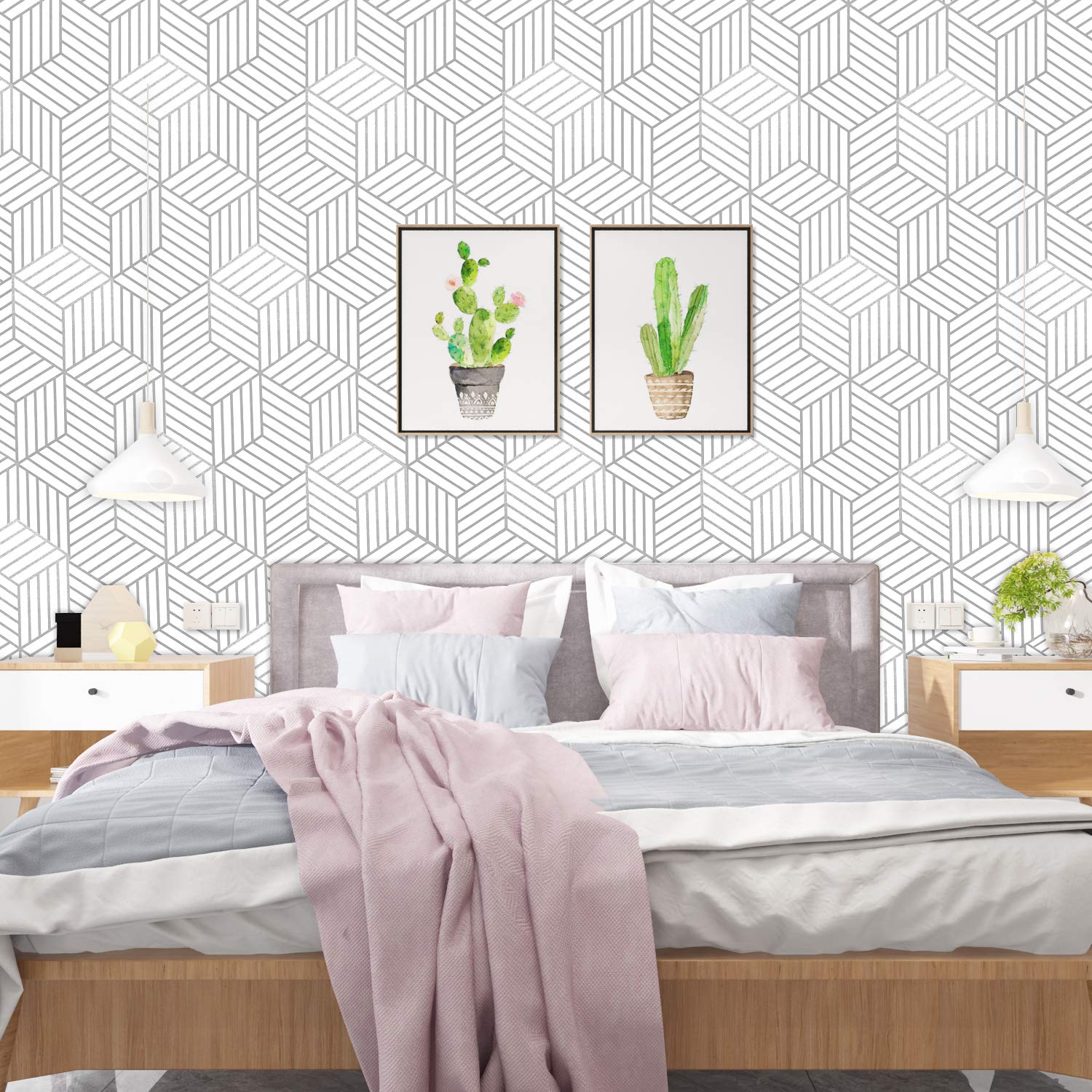 WENMER Geometric Hexagon Wallpaper Contact Paper 17.71 Inch x 118 Inch Geometric Hexagon Silver Peel and Stick Wallpaper Self Adhesive Wallpaper Vinyl Film Shelf Paper & Drawer Liner Roll for Home Use