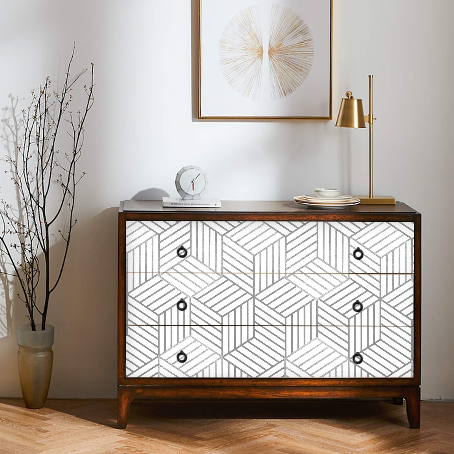 WENMER Geometric Hexagon Wallpaper Contact Paper 17.71 Inch x 118 Inch Geometric Hexagon Silver Peel and Stick Wallpaper Self Adhesive Wallpaper Vinyl Film Shelf Paper & Drawer Liner Roll for Home Use