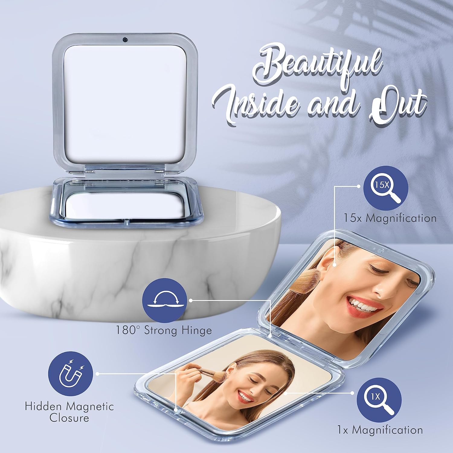 MIRRORVANA Small Compact 15X Magnifying Mirror for Travel - Handheld, Foldable & Lightweight - Mini Pocket-Sized Magnified Mirror for Purse - Square 3.3” x 3.3”