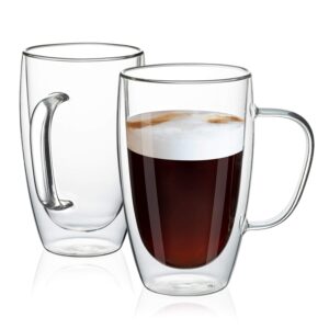 meway 16oz/2 pack coffee mugs,thickened clear glass double wall cup with handle for coffee, tea, latte, cappuccino (16 oz，2)