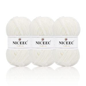 niceec 3 skeins soft chenille yarn blanket yarn for knitting fancy yarn for crochet weaving diy craft total length 3×85m (3×93yds, 3×50g)_cream white