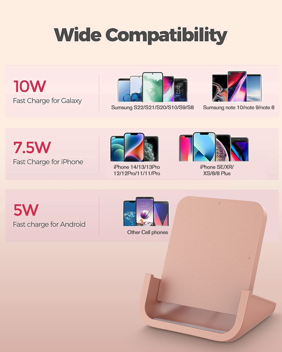 Wireless Charger YUWISS Wireless Charging Stand Cordless Charger 10/7.5/5W Compatible with iPhone 15 14 13 12/12 /11Pro Max/XR/XS Max/XS/X/8/8Plus Galaxy S22/S21/S9/S9+/S8/S8+ Note (Rose Gold)