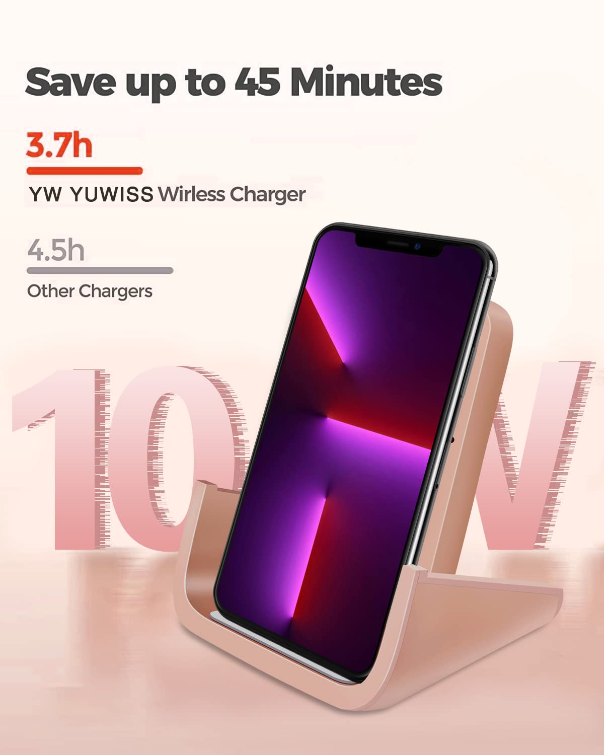 Wireless Charger YUWISS Wireless Charging Stand Cordless Charger 10/7.5/5W Compatible with iPhone 15 14 13 12/12 /11Pro Max/XR/XS Max/XS/X/8/8Plus Galaxy S22/S21/S9/S9+/S8/S8+ Note (Rose Gold)