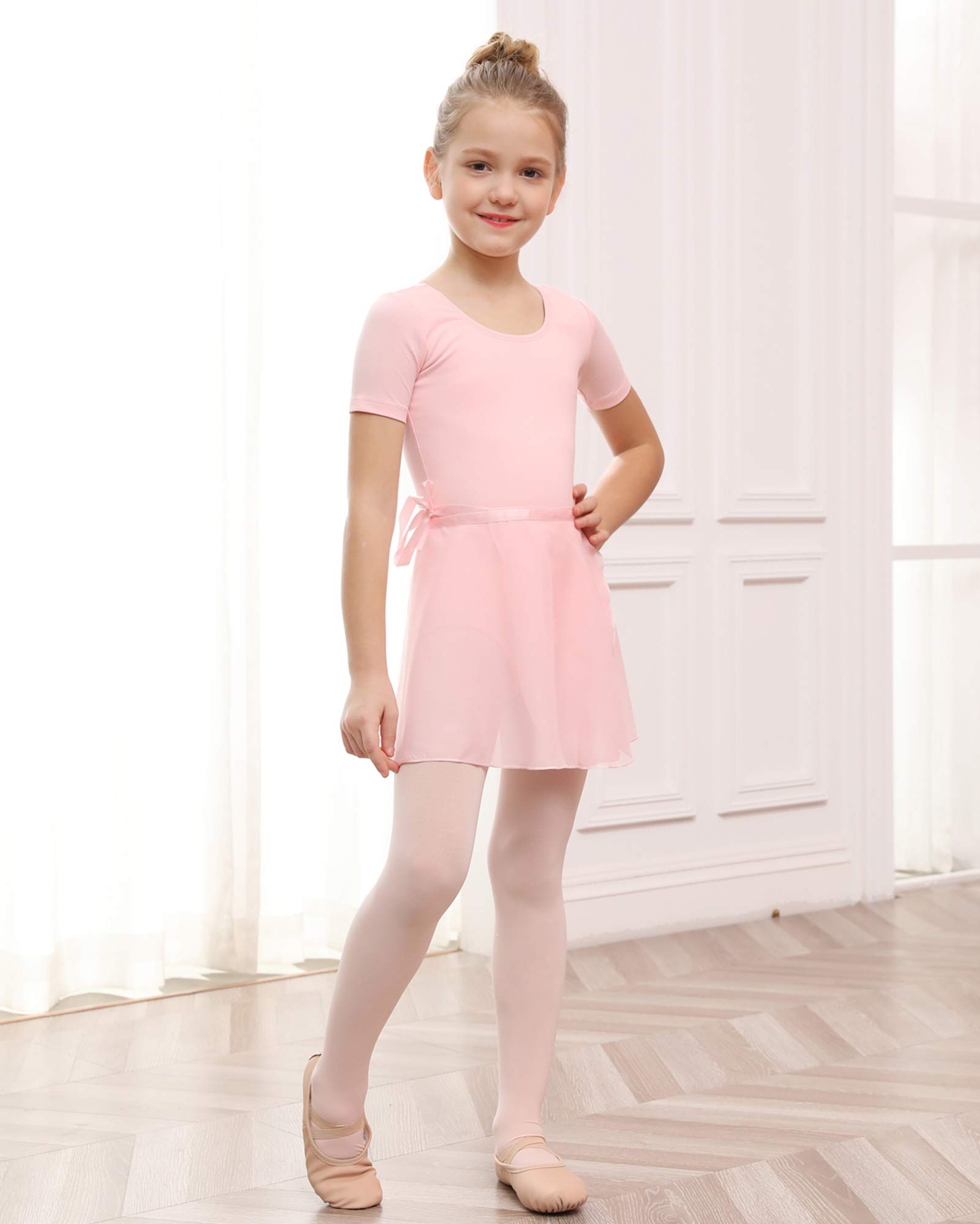 Stelle Girls Bow Back Dance Active Dress Ballet Leotard Combo with Dance Skirt and Dance Tight (Ballet Pink,85, 2-3T)