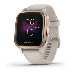 garmin venu sq music, gps smartwatch with bright touchscreen display, features music and up to 6 days of battery life, rose gold with tan band