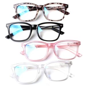 henotin 4-pack blue light blocking reading glasses women men,spring hinge computer readers,anti uv ray square nerd eyeglasses (mixed color, 1.25)