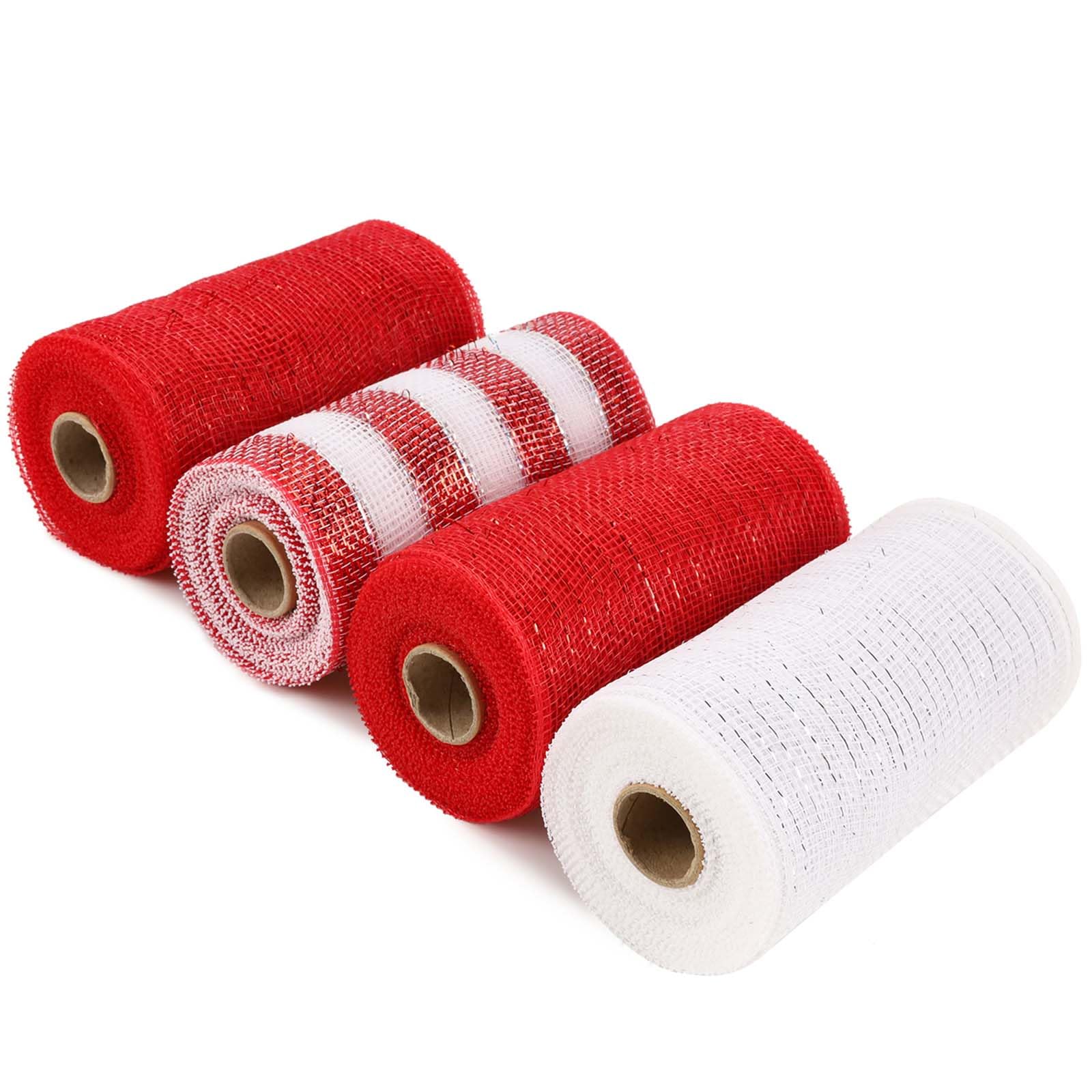 LaRibbons Deco Mesh Ribbon，6 inch x 30 feet Each Roll，Metallic Foil Red and White Rolls for Wreaths, Swags and Christmas Tree Decoration，4 Roll