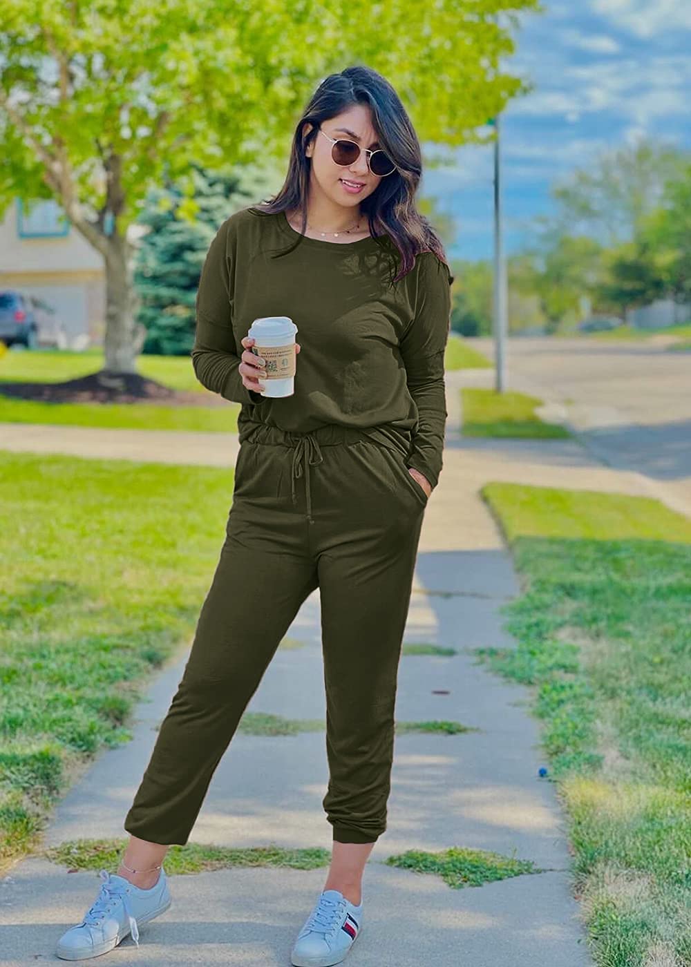 PRETTYGARDEN Women's 2024 Fall Two Piece Outfit Long Sleeve Crewneck Pullover Tops and Long Pants Tracksuit (Army Green,Medium)