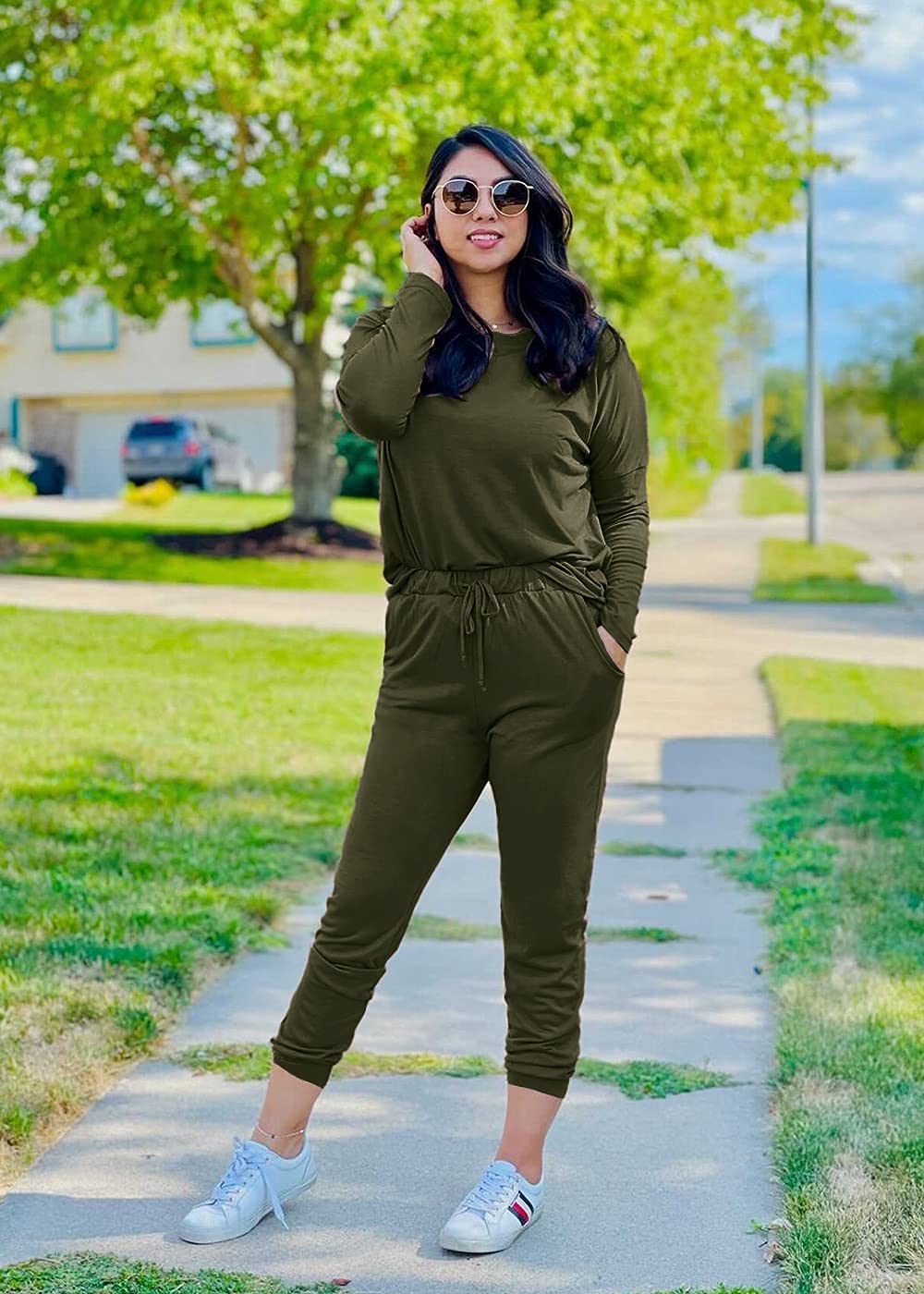 PRETTYGARDEN Women's 2024 Fall Two Piece Outfit Long Sleeve Crewneck Pullover Tops and Long Pants Tracksuit (Army Green,Medium)