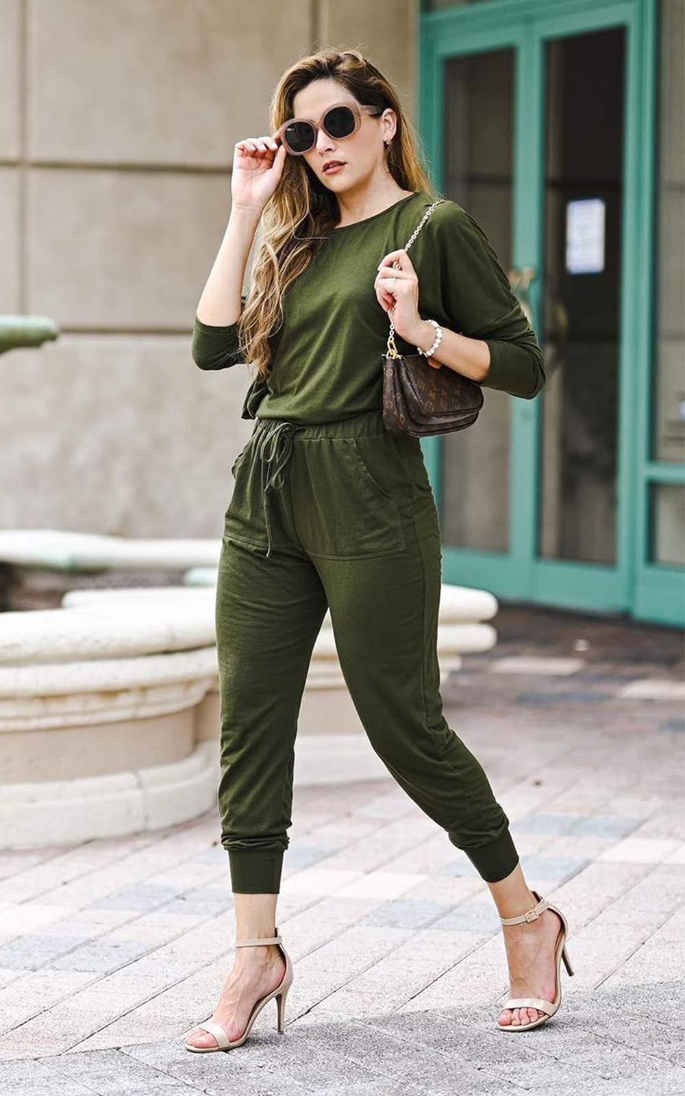 PRETTYGARDEN Women's 2024 Fall Two Piece Outfit Long Sleeve Crewneck Pullover Tops and Long Pants Tracksuit (Army Green,Medium)