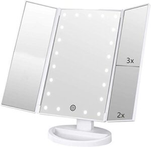 flymiro tri-fold lighted vanity makeup mirror with 3x/2x/1x magnification, 21leds light and touch screen,180 degree free rotation countertop travel cosmetic mirror (white)