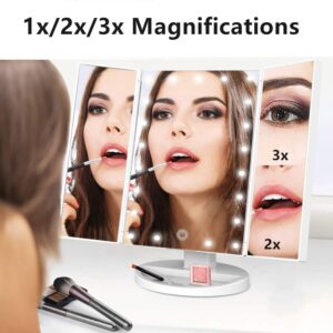 Flymiro Tri-fold Lighted Vanity Makeup Mirror with 3x/2x/1x Magnification, 21Leds Light and Touch Screen,180 Degree Free Rotation Countertop Travel Cosmetic Mirror (White)