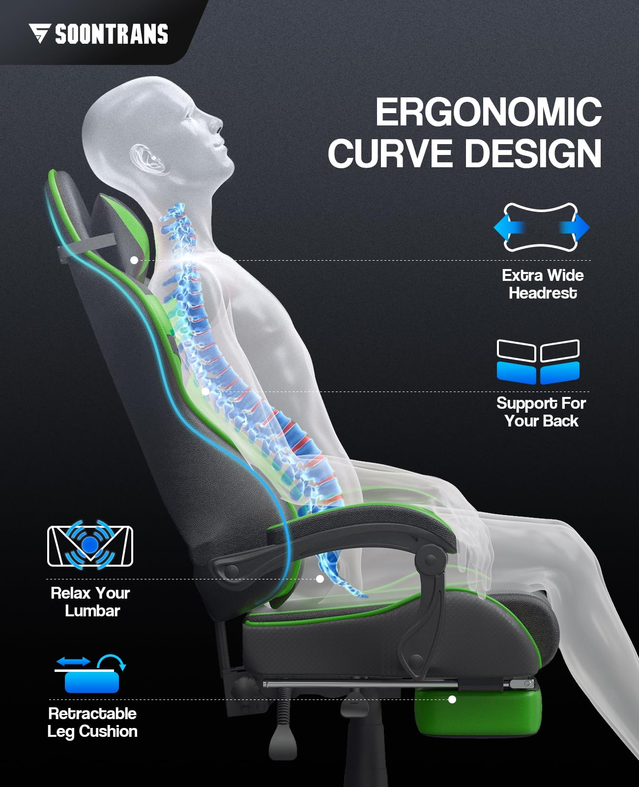 Soontrans Green Gaming Chair with Footrest,Racing Gaming Chair,Computer Gamer Chair,Ergonomic Game Chair with Adjustable Headrest and Lumbar Support(Jungle Green)