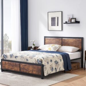 vecelo queen platform bed frame with rustic vintage wood headboard, mattress foundation, strong metal slats support, no box spring needed ,brown