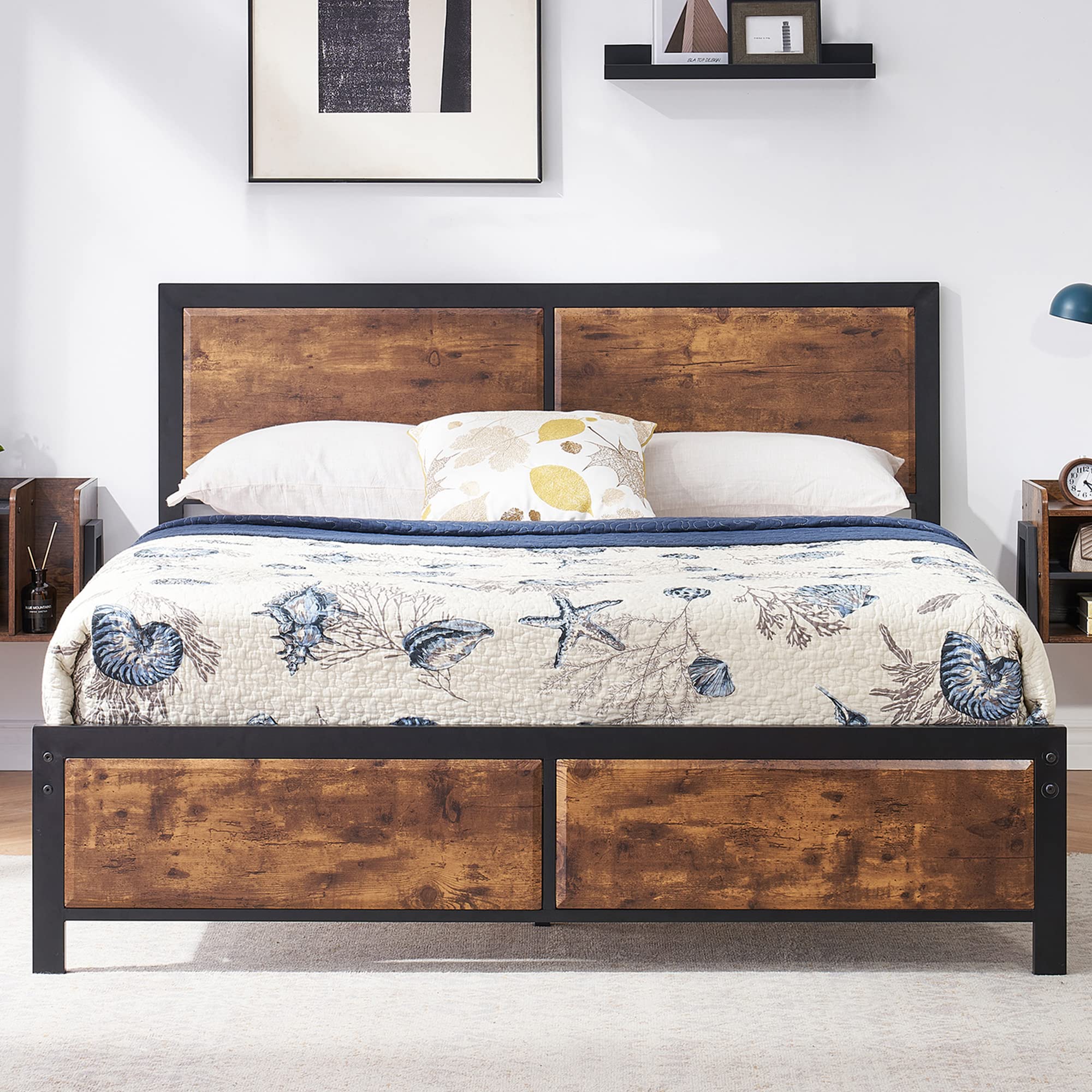 VECELO Queen Platform Bed Frame with Rustic Vintage Wood Headboard, Mattress Foundation, Strong Metal Slats Support, No Box Spring Needed ,Brown