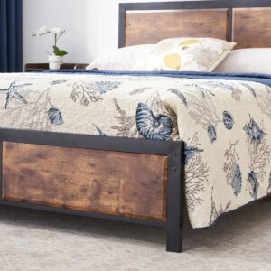 VECELO Queen Platform Bed Frame with Rustic Vintage Wood Headboard, Mattress Foundation, Strong Metal Slats Support, No Box Spring Needed ,Brown