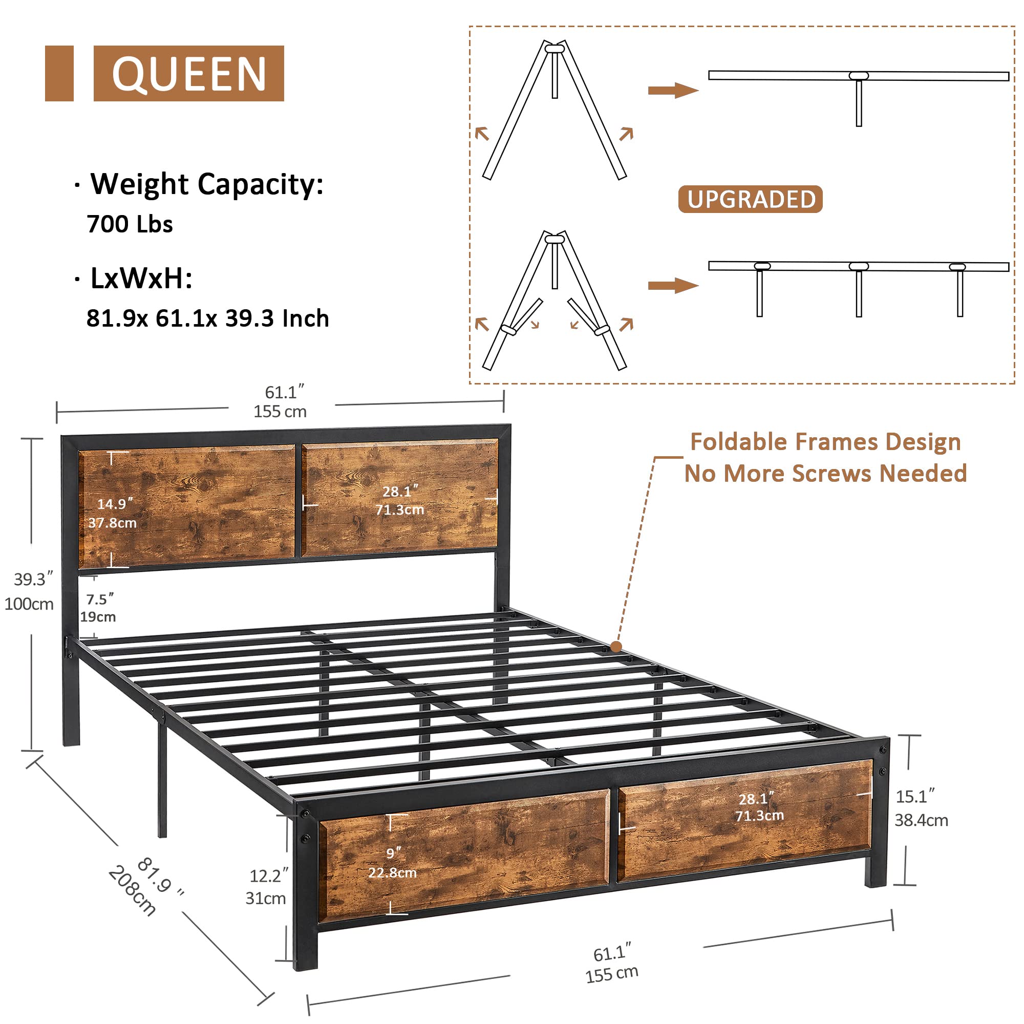 VECELO Queen Platform Bed Frame with Rustic Vintage Wood Headboard, Mattress Foundation, Strong Metal Slats Support, No Box Spring Needed ,Brown