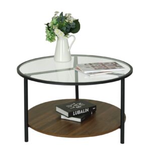 moncot round coffee table small coffee table with glass top and walnut wood shelf modern center table with metal frame for living room