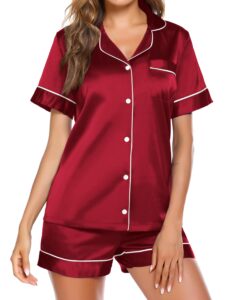 ekouaer satin pajamas for women button down sleepwear soft silk loungewear short sleeve top and shorts pjs wine,large