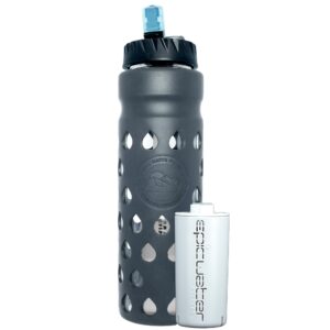 epic escape | glass water bottle with filter | usa made filter | dishwasher safe | borosilicate glass with silicone sleeve | bpa free water bottle | removes 99.99% tap water contaminants | filtered