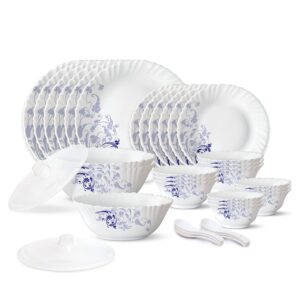 borosil gourmet dinnerware set for 6, 35 pieces, white dinner plates and bowls sets, chip resistant tempered opal glass, stain resistant, dishwasher & microwave safe dinner set for gifting