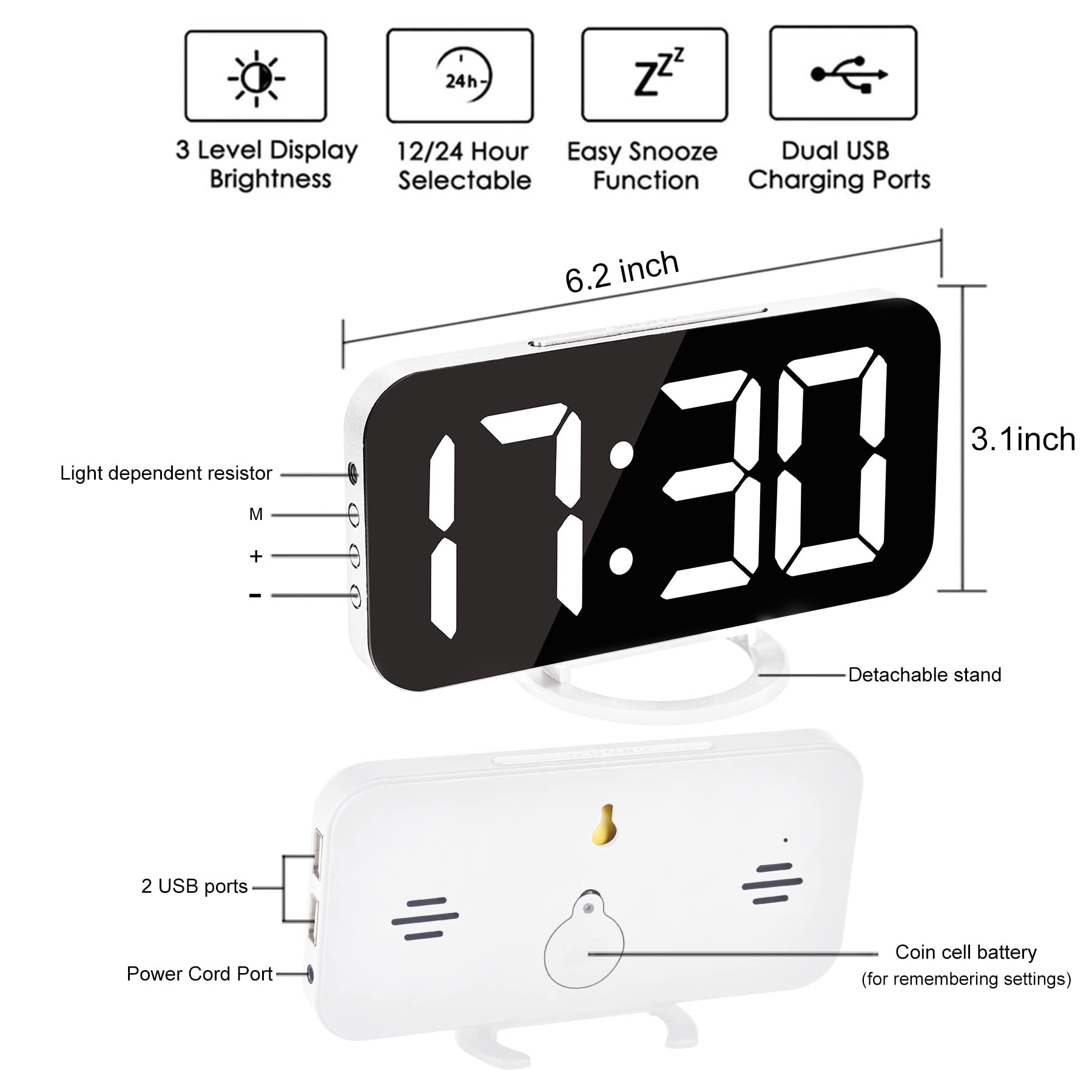 Ygdigital Digital Alarm Clock,6.5 Inch Large Display LED Mirror Electronic Clocks, with Snooze,12/24H,Dual USB Charging Ports, 3 Adjustable Brightness,for Bedroom Home Office -White