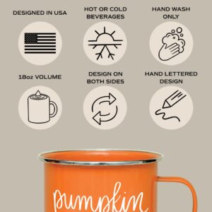 Sweet Water Decor Hello Pumpkin Coffee Mug | 18oz Galvanized Steel Campfire Style Coffee Cup | Fall Mug, Fall Seasonal Decor, Pumpkin Coffee Cup