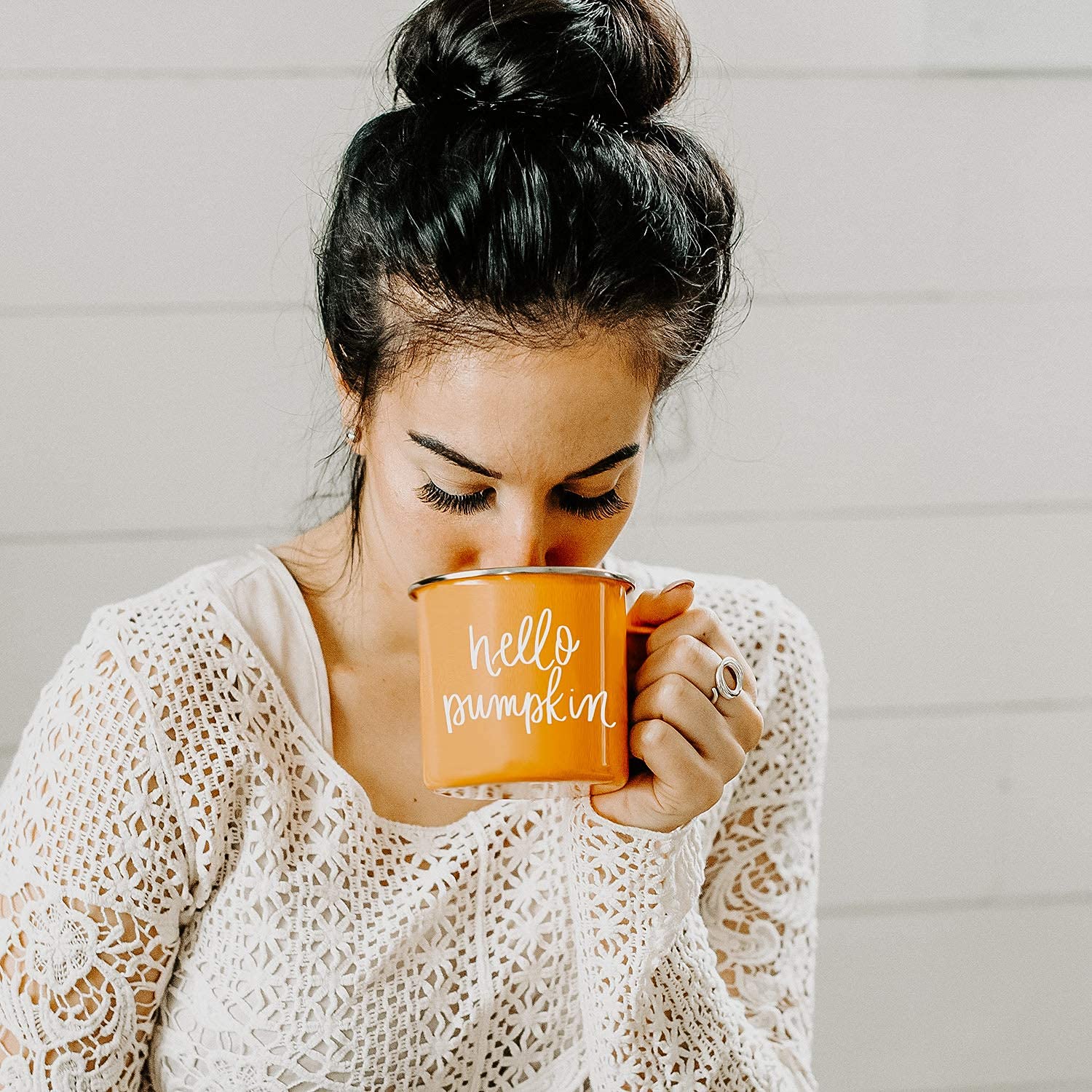 Sweet Water Decor Hello Pumpkin Coffee Mug | 18oz Galvanized Steel Campfire Style Coffee Cup | Fall Mug, Fall Seasonal Decor, Pumpkin Coffee Cup