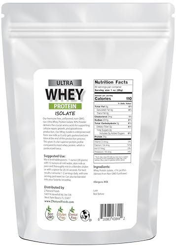 Z Natural Foods Whey Protein Powder Isolate, Unsweetened Protein Powder Enriched with Vital Proteins for Weight Loss, 100% Pure, Gluten Free, Non-GMO, Kosher, 5 lb