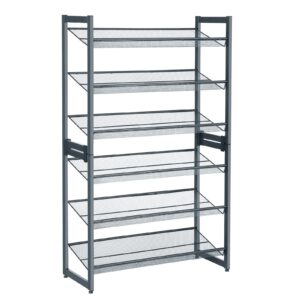 songmics 6-tier shoe rack storage, metal shoe organizer stand for garage, entryway, set of 2 3-tier stackable shoe rack shelf, with adjustable flat or angled shelves, holds 18-24 pairs, grey