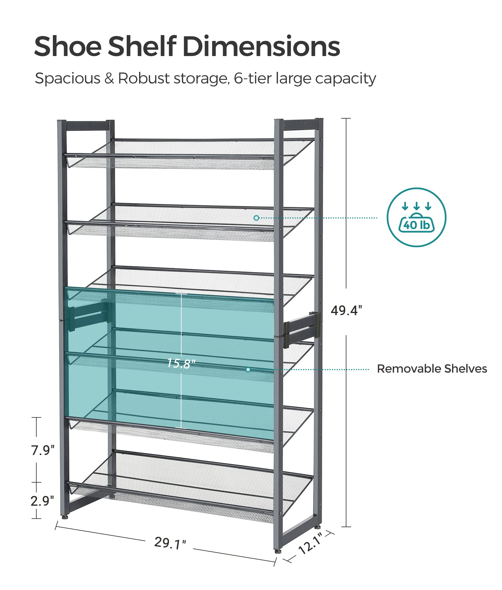 SONGMICS 6-Tier Shoe Rack Storage, Metal Shoe Organizer Stand for Garage, Entryway, Set of 2 3-Tier Stackable Shoe Rack Shelf, with Adjustable Flat or Angled Shelves, Holds 18-24 Pairs, Grey