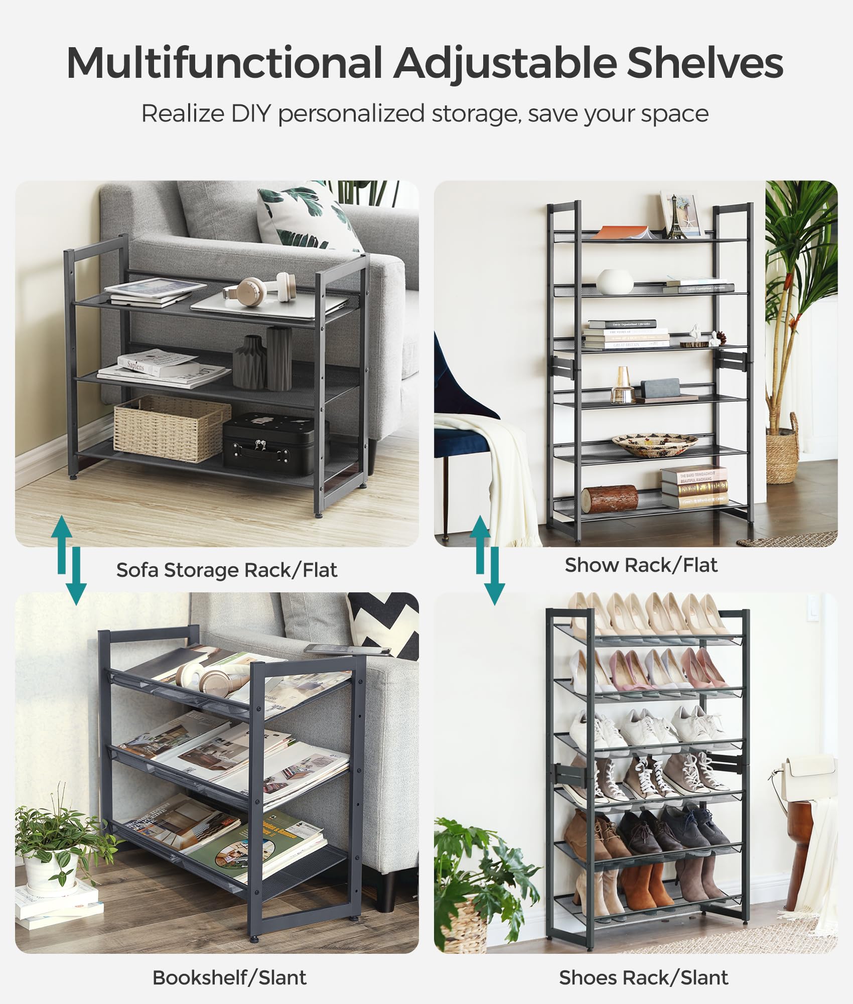 SONGMICS 6-Tier Shoe Rack Storage, Metal Shoe Organizer Stand for Garage, Entryway, Set of 2 3-Tier Stackable Shoe Rack Shelf, with Adjustable Flat or Angled Shelves, Holds 18-24 Pairs, Grey