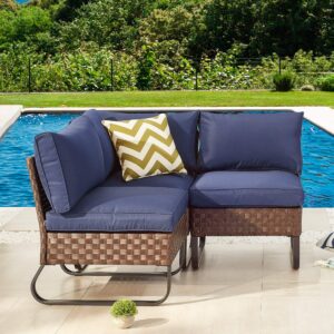 lokatse home 3 pcs outdoor rattan furniture patio conversation sectional set all-weather wicker corner sofa metal armless chair with cushion, blue