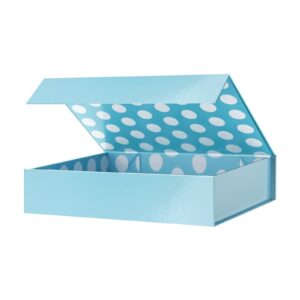 green bean gift box 11x7.8x2.3 inches, baby blue gift box with lid for presents, magnetic closure gift box, shirt gift box for clothes (glossy metallic baby blue, polka dot design inside)