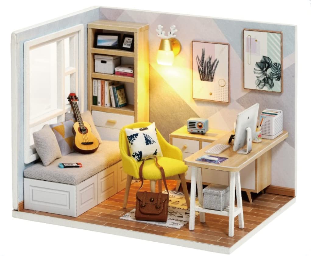 Flever Dollhouse Miniature DIY House Kit Creative Room with Furniture for Romantic Artwork Gift (Sunny Study)