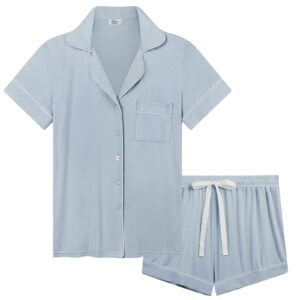 cherrydew women comfy jersey knit short sleeve button up pajama/pj/sleep shorts set(dusty blue,large)