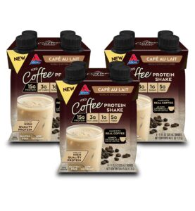 atkins café au lait iced coffee protein shake, 15g protein, low glycemic, 3g net carb, 1g sugar, keto friendly, 12 count