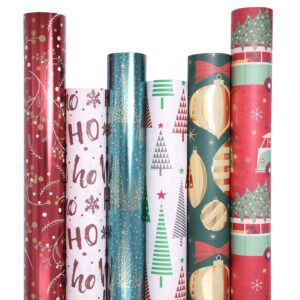 uniqooo 6 design christmas wrapping paper precut sheet, 39.4x17 each, red gold kraft foil gift wrap, 18 pack family bundle