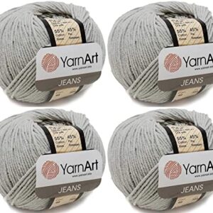 4 Skeins YarnArt Jeans 55% Cotton 45% Acrylic Yarn Blend Thread Crochet Hand Knitting Art Lot of 4skn 200 gr 696 yds (49-Light Grey)