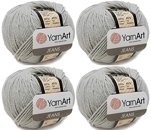 4 Skeins YarnArt Jeans 55% Cotton 45% Acrylic Yarn Blend Thread Crochet Hand Knitting Art Lot of 4skn 200 gr 696 yds (49-Light Grey)