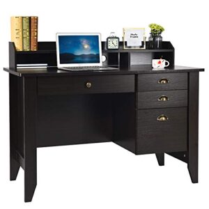 catrimown computer desk with drawers and hutch, wood office desk teens student desk study table writing desk for bedroom small spaces furniture with storage shelves, espresso brown