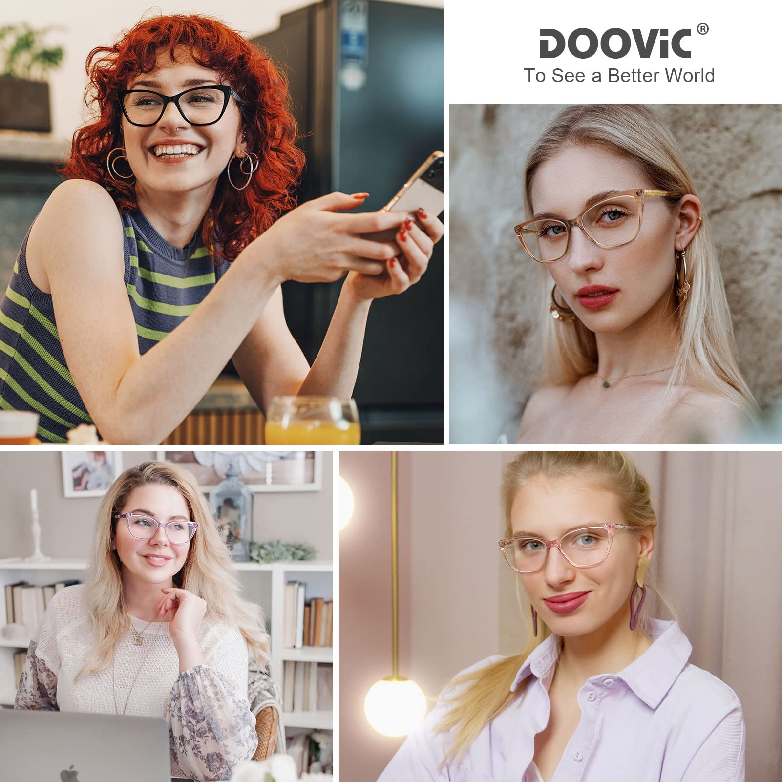 DOOViC Computer Reading Glasses Blue Light Blocking Anti Eyestrain Fashion Cat Eye Spring Hinge Readers for Women 1.5 Strength