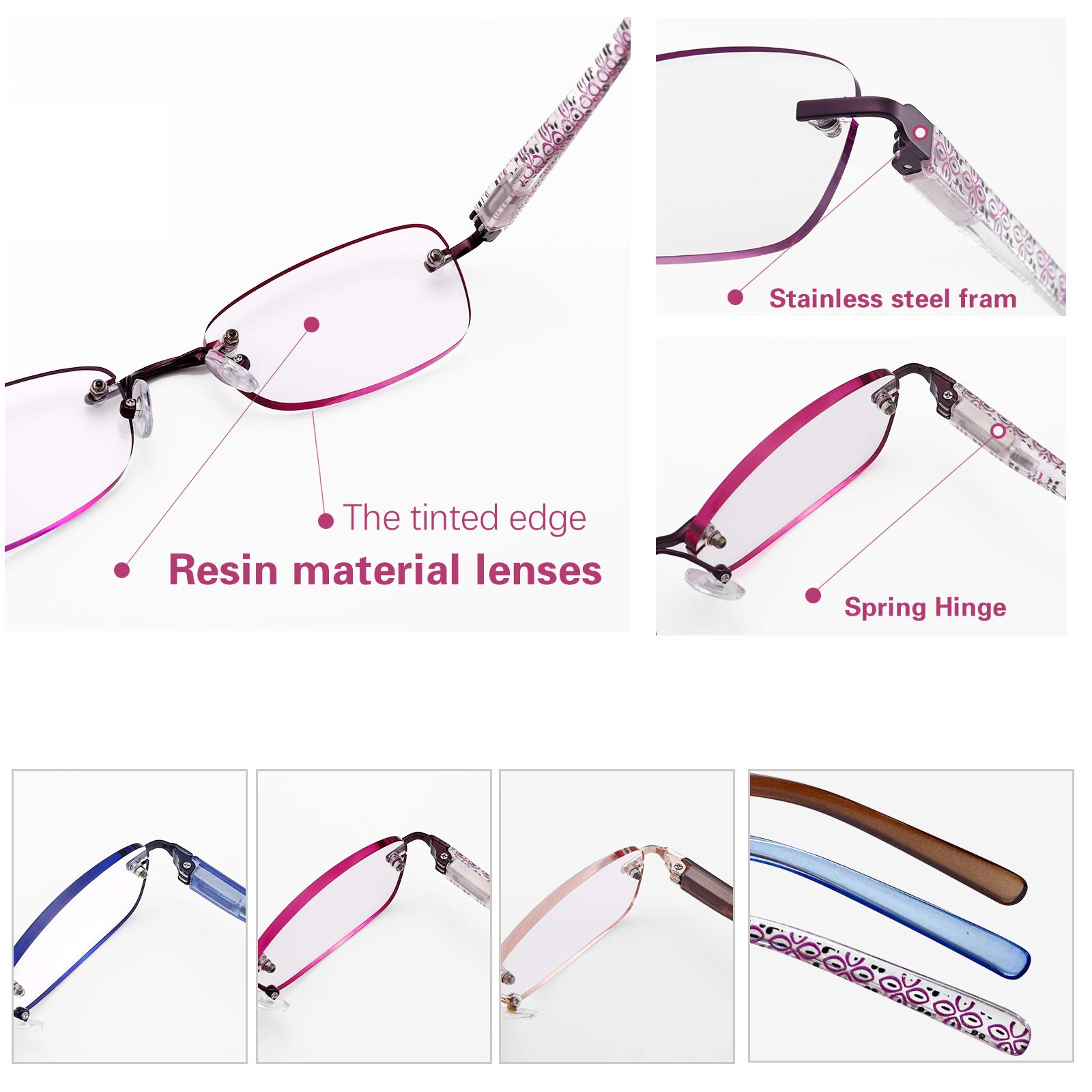 FEIVSN 3-Pack Rimless Reading Glasses For Women, Lightweight Spring Hinge Readers, Classic Elegant Artistic Eyeglasses UV 400 (Mix 2.0 Etc)