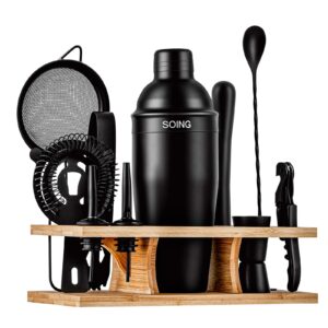 soing 11-piece black bartender kit,perfect home cocktail shaker set for drink mixing,stainless steel bar tools with stand,velvet carry bag & cocktail recipes cards (black)