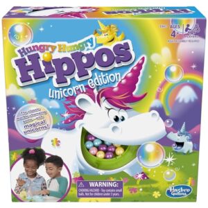 hasbro gaming hungry hippos unicorn edition pre-school board game for kids ages 4 and up; 2-4 players